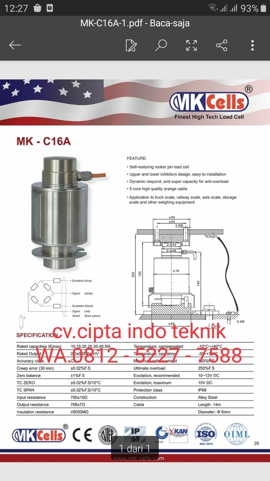 Load cell MK Cells MK C 16A 10 – 50 Ton - CV Cipta Indo Teknik